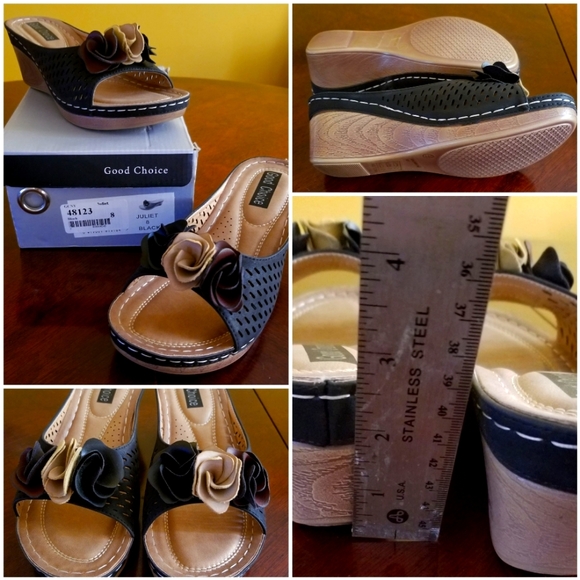 Good Choice | Shoes | Sandal Tan Wedge Black Leather Top Embellished ...